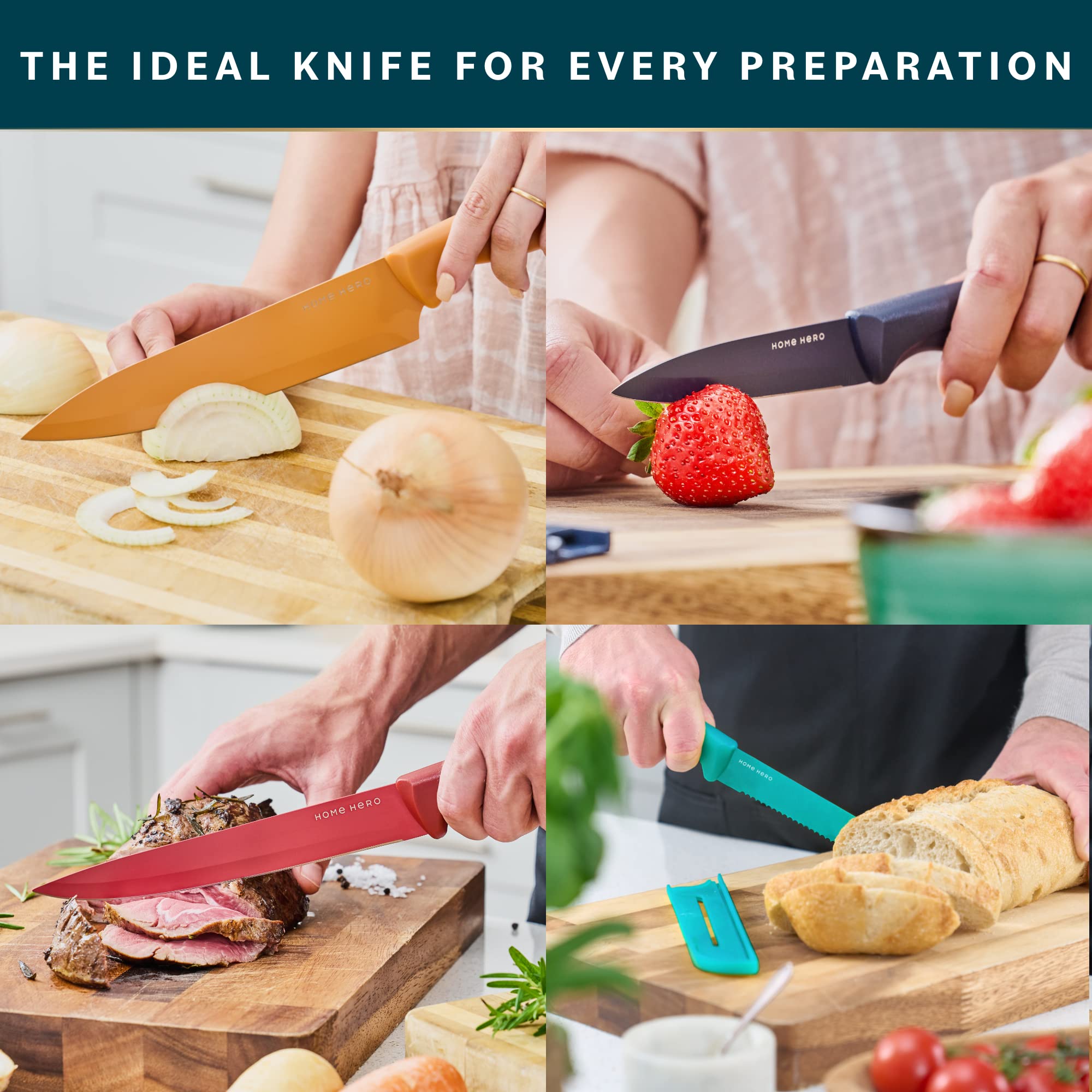 Home Hero Kitchen Knife Set with Sheath Covers - High Carbon Stainless Steel Knife Set with Ergonomic Handles & Ceramic Coating, Nonstick Ceramic Knife Set with Chef Knife (11 Pcs - Multicolor)