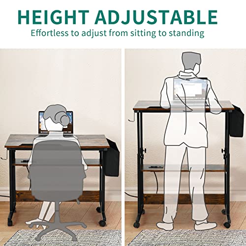 YITAHOME Height Adjustable Table with Charging Station, Portable Desk with Wheels, Small Standing Rolling Computer Desk with Tiltable Tabletop and Storage Bag, Brown