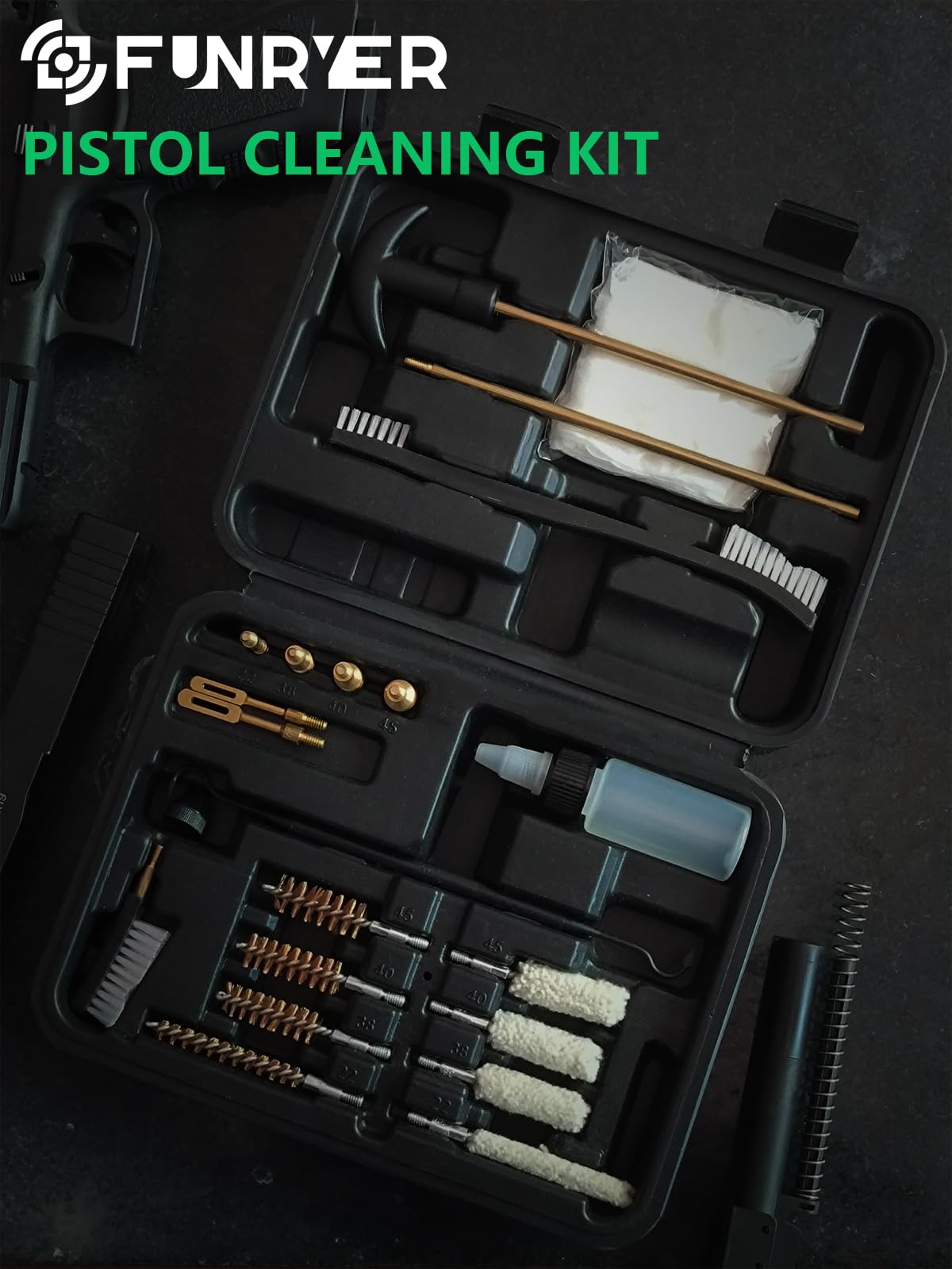 Funryer Universal Gun Cleaning Kit Pistol 9mm .38 .22 .40 .45 Caliber for Handgun Hunting Shooting with Bronze Bore Brush & Brass Jag Oil Bottle