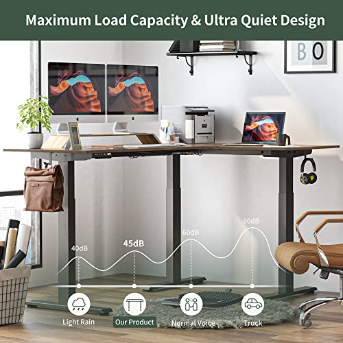 FEZIBO Triple Motor L-Shaped Electric Standing Desk, 63 Inches Height Adjustable Stand up Corner Desk, Sit Stand Workstation with Splice Board, White Frame/White Top
