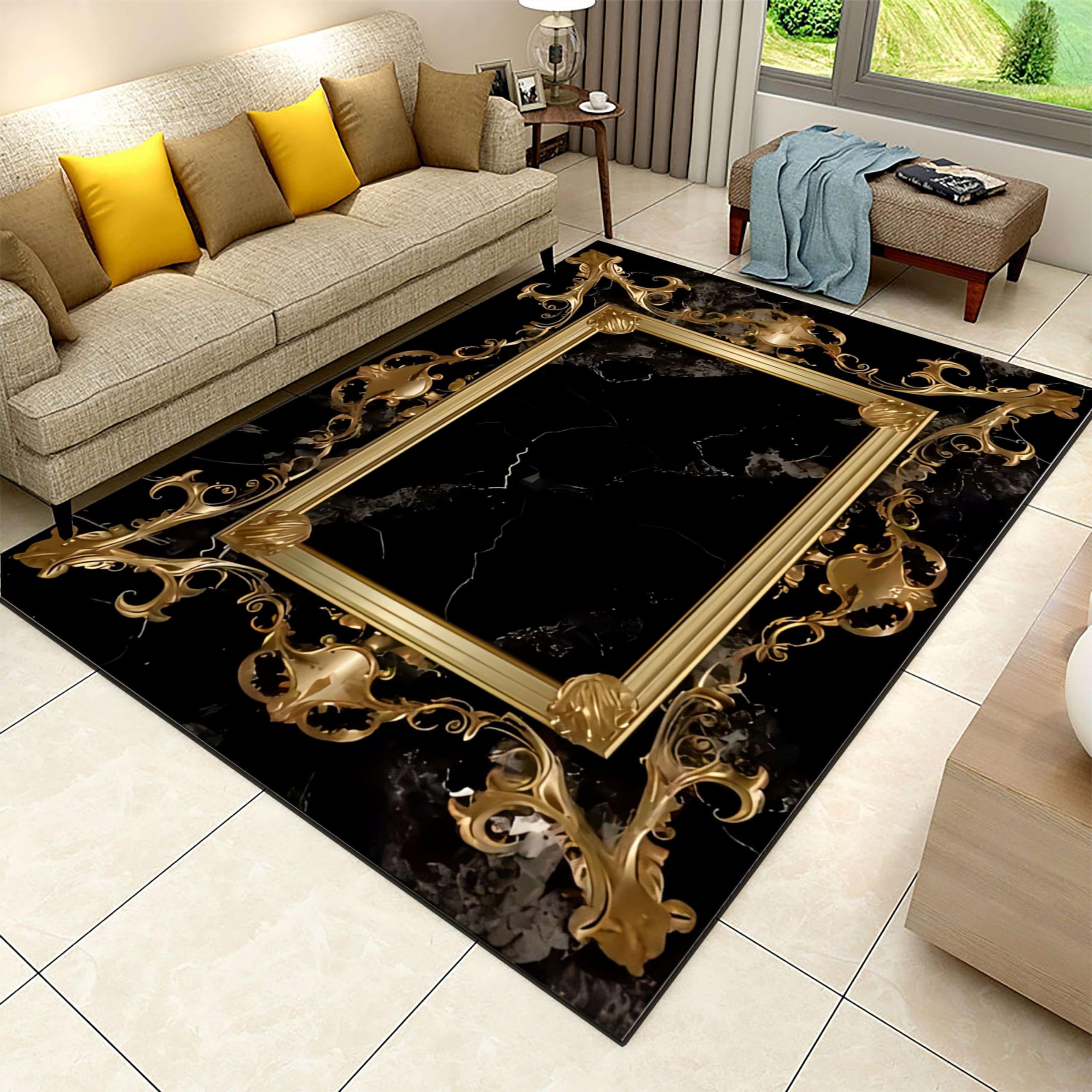 LHOMKCV Black Gold Marble Area Rug,5x8ft,Black Marble with Gold Border Accent Rug, Vintage Art Indoor Rugs, Washable Throw Rug with Non-Slip Backing, Low-Pile Floor Mat for Bedroom Living Room