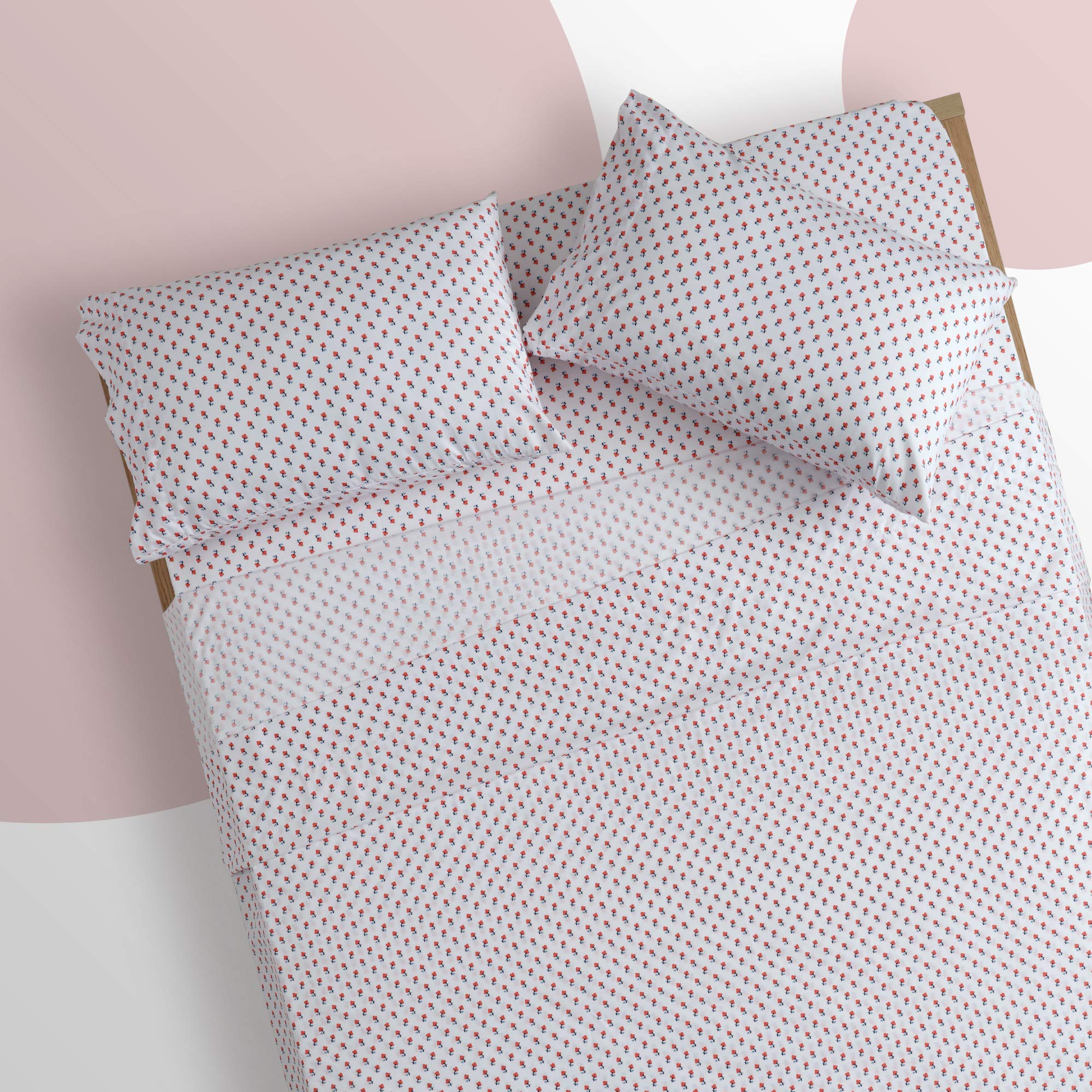 SLEEP ZONE Kids Printed Twin Bed Sheets Set 3-Piece - Super Soft & Cute Kids Sheet Set with Flat Sheet, Fitted Sheet, Pillowcase (Twin, Little Bouquet Red)