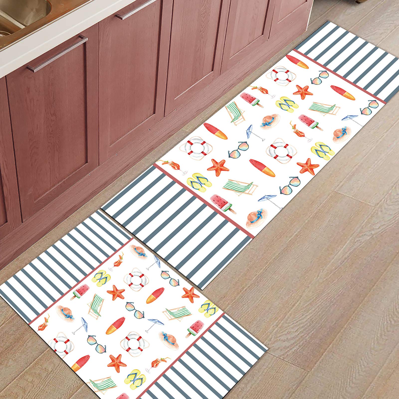 IDOWMAT Kitchen Rug Sets of 2 - Absorbent Non-Slip Kitchen Mats Navy Blue Stripes Beach Swim Ring Ice Cream Sunglasses Floor Comfort Mats Doormat for Kitchen Office Laundry 15.7x23.6in + 15.7x47.2in