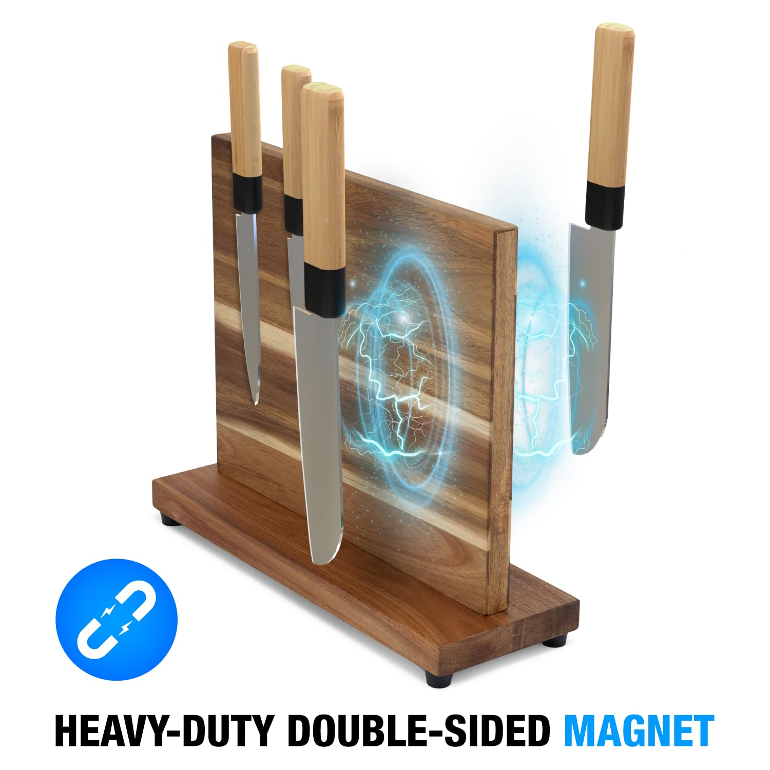 Magnetic Knife Holder, Acacia Wood, Magnetic Knife Block 11.2 x 10.4 Inches, Double Sided Rack Magnetic Universal Stand with Strong Enhanced Magnet Strips, Kitchen Storage Cutlery Organizer