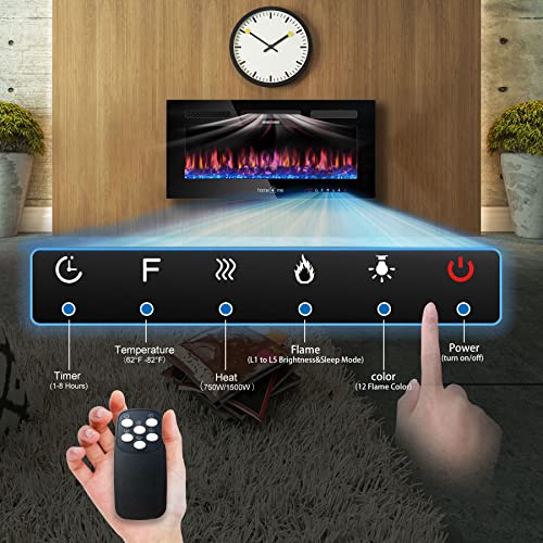 Home4me 36" Electric Fireplace, Wall Mounted and Recessed Fireplace Heater, 750/1500W Freestanding Linear Fireplace, Adjustable Flame Color, Touch Screen,Remote Control with Timer, Low Noise