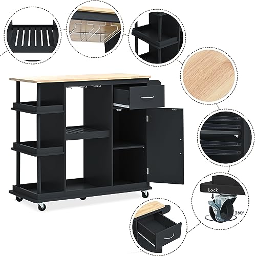 JVIBI Multipurpose Kitchen Cart Cabinet with Side Storage Shelves,Rubber Wood Top, Adjustable Storage Shelves, 5 Wheels, Kitchen Storage Island with Wine Rack for Dining Room, Home,Bar,Black