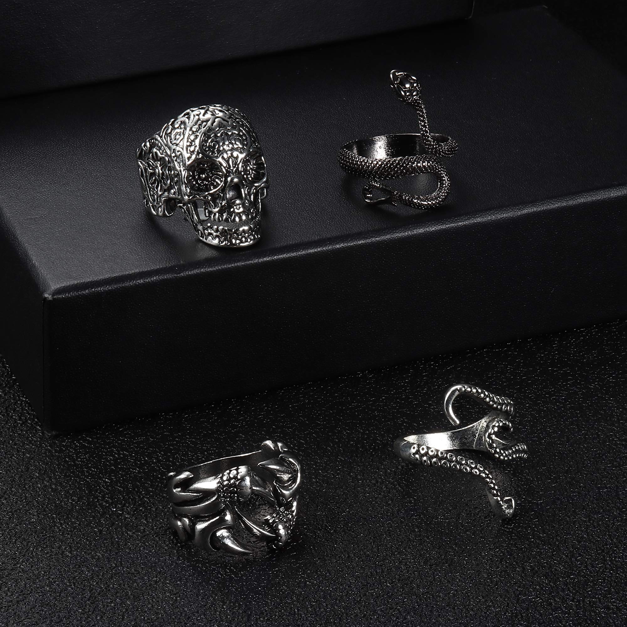 FIASASO 8Pcs Vintage Punk Rings for Men Women Gothic Octopus Dragon Claw Snake Wolf Skull Rings Open Adjustable Rings Set Jewelry