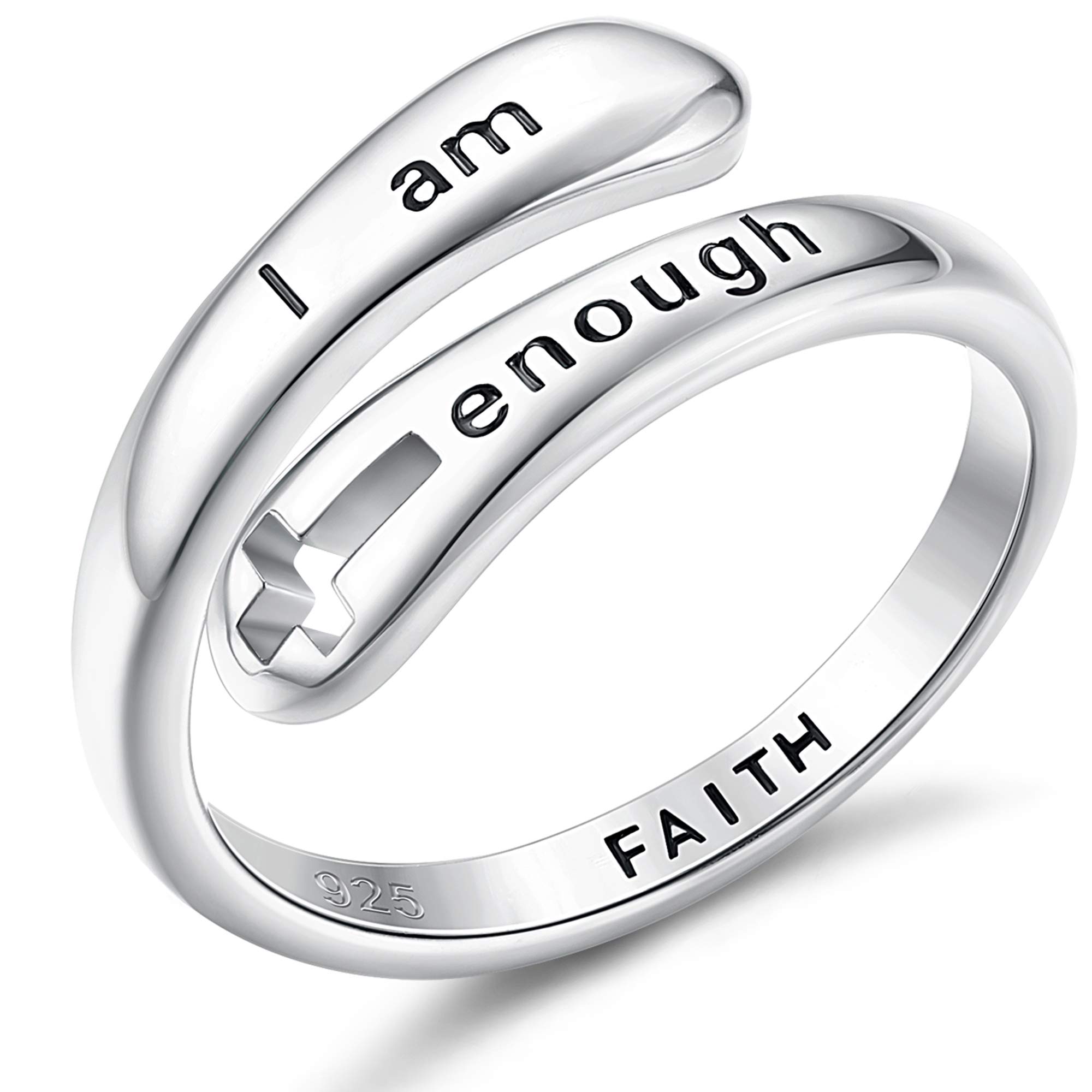 FIASASO 925 Sterling Silver Rings I am Enough Inspirational Rings Faith Christian Cross Encouragement Statement Rings for Women Men I am Enough