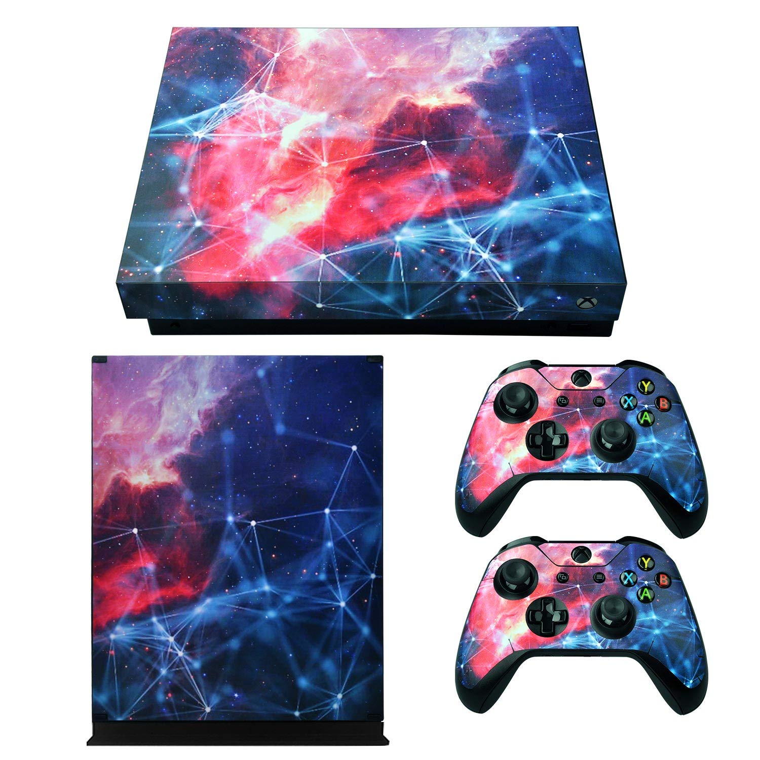 eXtremeRate Full Set Faceplates Skin Stickers for Xbox One X Console Controller with 2 Pcs Home Button Decals - Galaxy Nebula