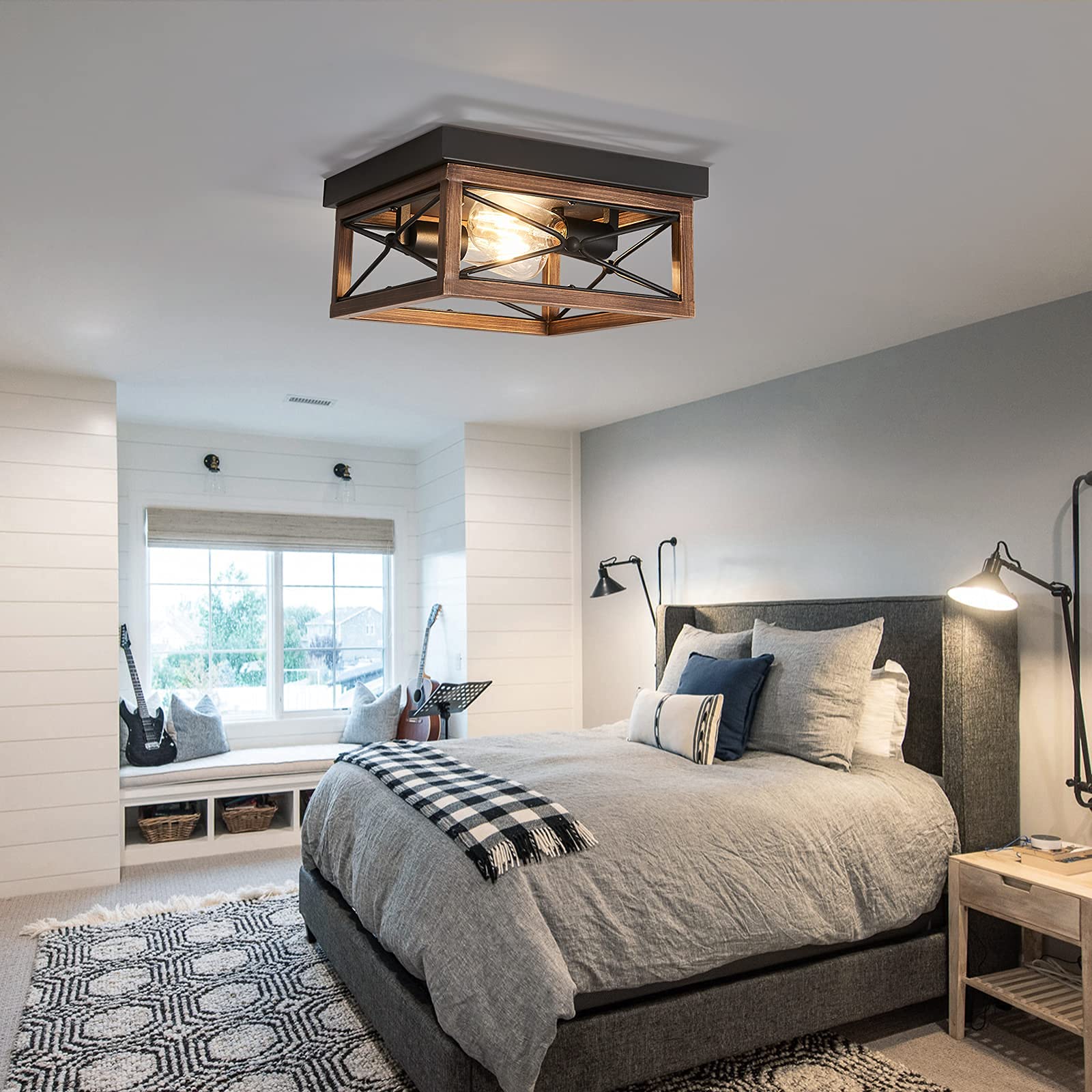 FGSADI Retro Farmhouse Flush Mount Ceiling Light,2-Light Metal Rustic Vintage Ceiling Light, Close to Ceiling Light Fixture for Hallway Entryway Bedroom Kitchen Island Dining Room.