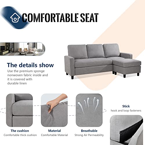 JY QAQA Convertible Sectional Sofa Couch,78’’ L-Shaped Couch with Modern Linen Fabric 3-Seat Wide Reversible Chaise for Small Space(Light Grey)