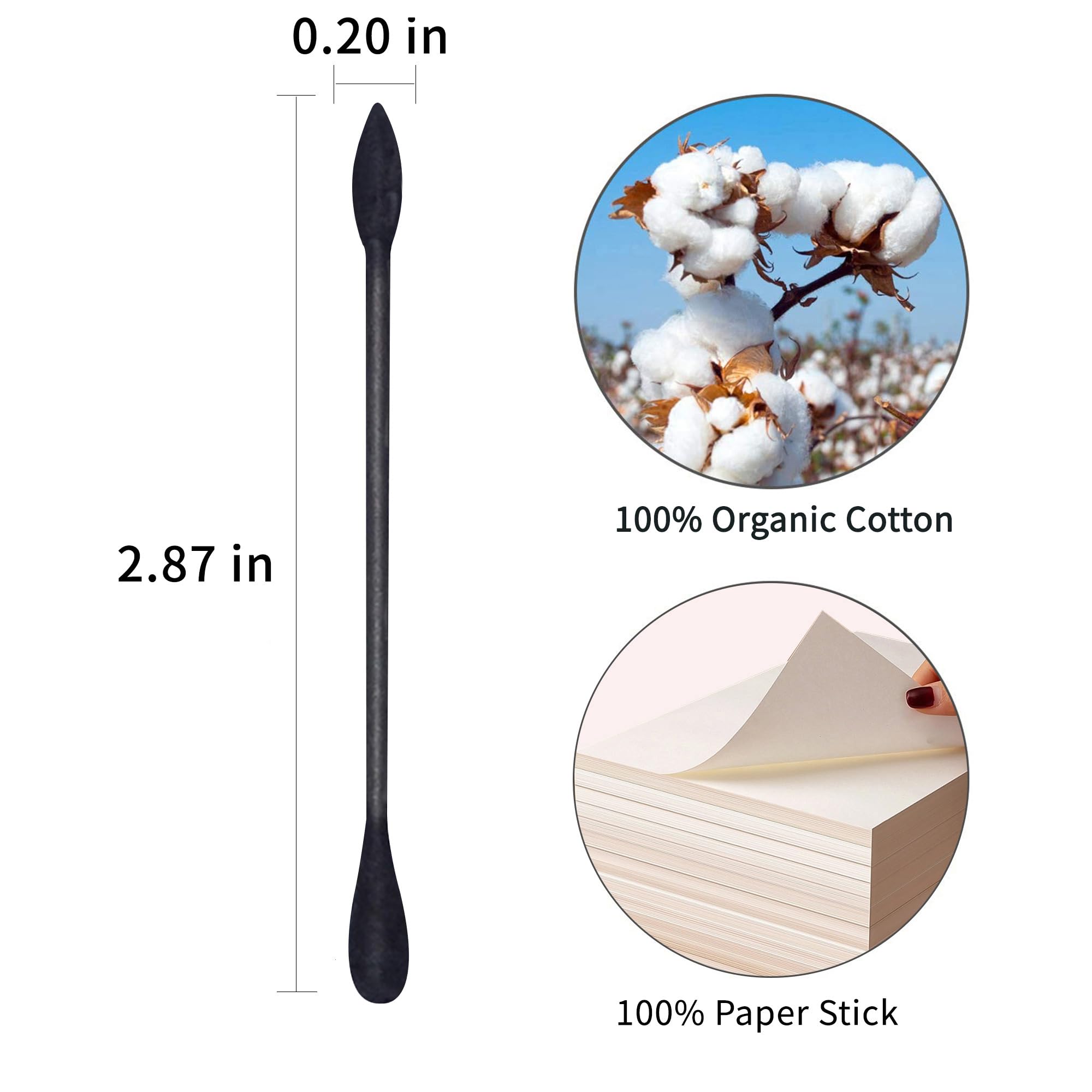 HOMEFOX Black Cotton Swabs Precision Pointed - 200 Count Organic Pointy Pointed Cotton Buds Double Side Tightly Wrapped Charcoal Cotton Tip Paper Stick Soft Gentle Cruelty-Free, Pointy & Round (Black)