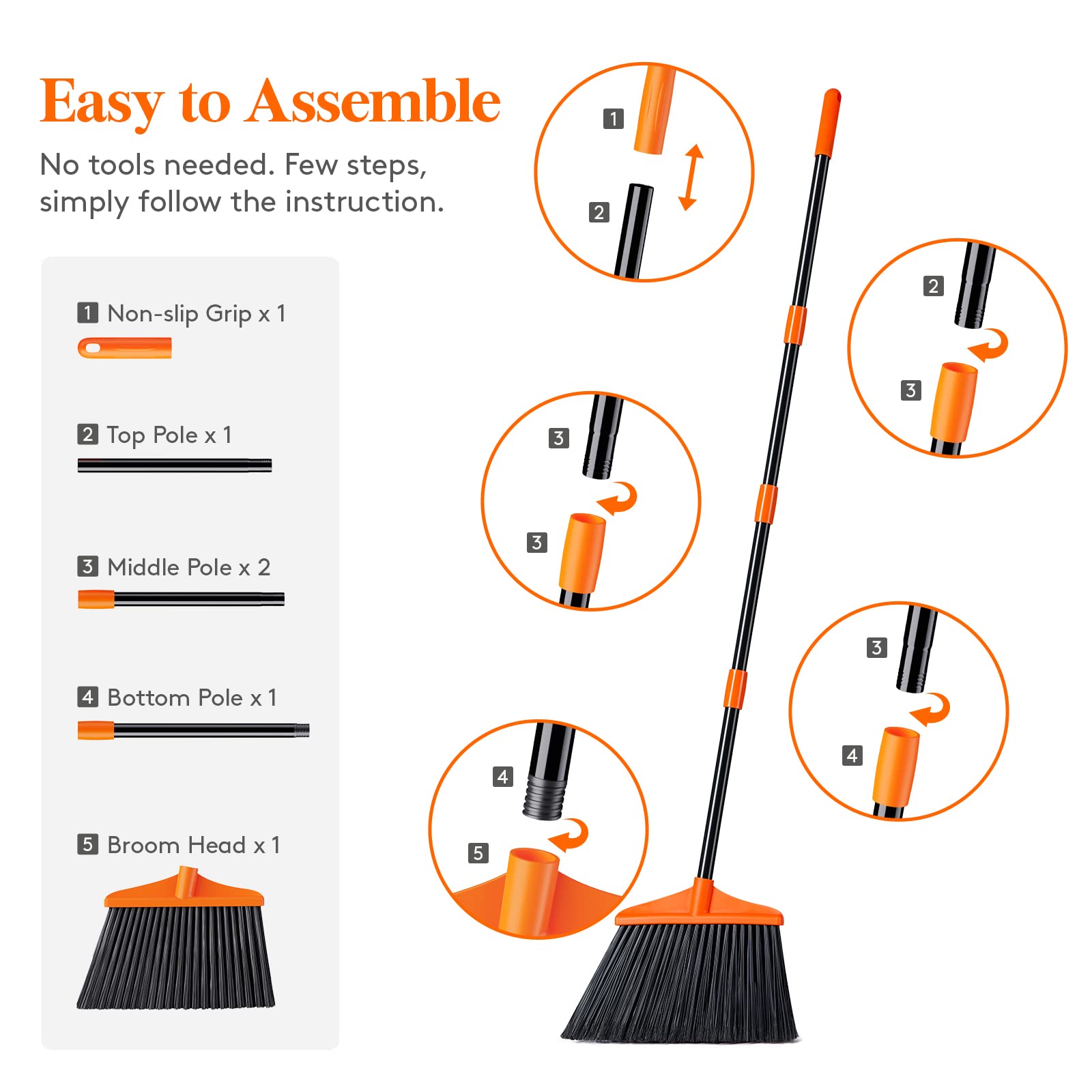 Lifewit Outdoor Broom, Heavy Duty Broom with 53" Extendable Long Handle, Household Angle Brooms for Indoor, Patio, Garage, Deck, Lobby, Courtyard Sweeping, Orange
