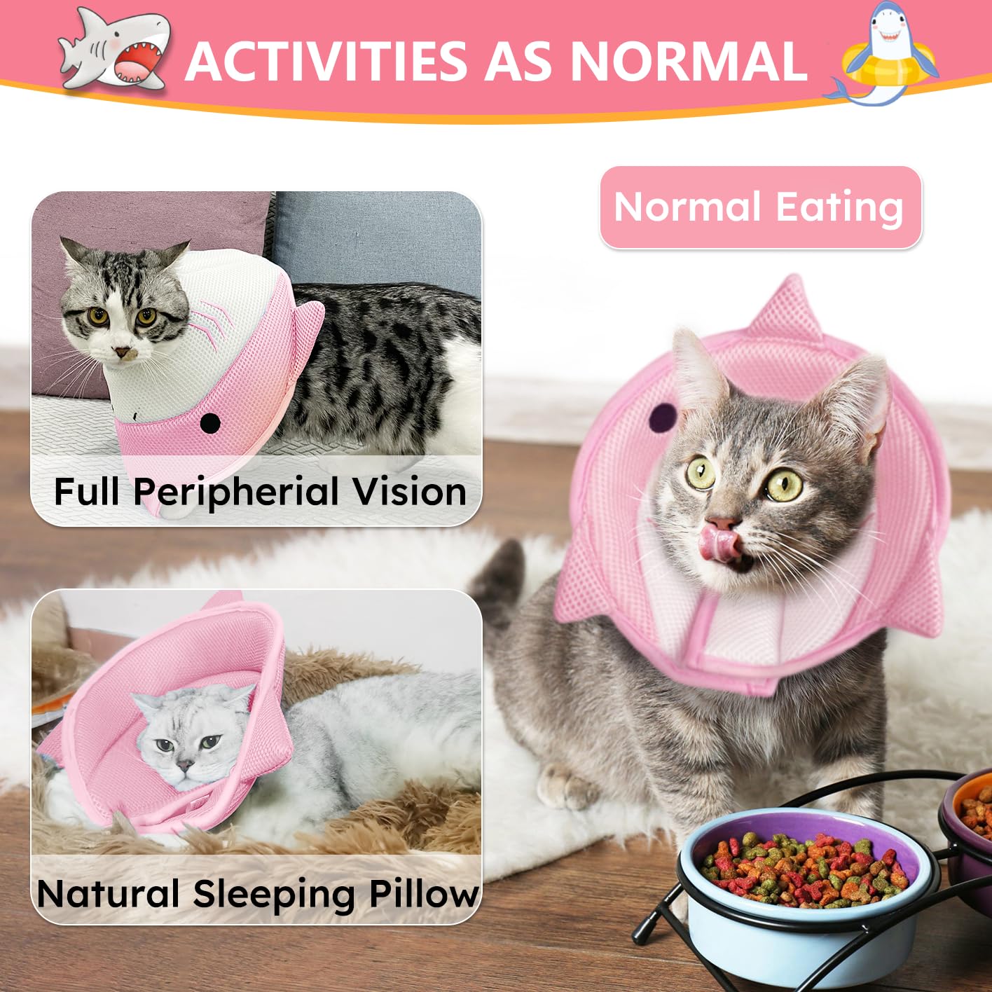 Hpetppy Cat Cone Collar Soft, Adjustable Cat Recovery Collar After Surgery to Prevent Licking Wound, Breathable Cat Neck Cone Comfortable Pet Elizabethan Collar for Cats Kittens Cute Shark Design