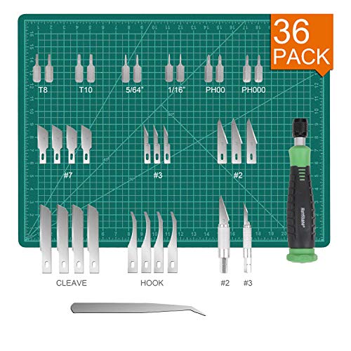 HURRICANE 36 Piece Exacto Knife set Craft Knife Set Precision Cut Knife Blades Deluxe Craft Set with flexible Anti Slip Ergonomic Handle with Extra Hex Bits for Precision Cutting Craft and Repair Work