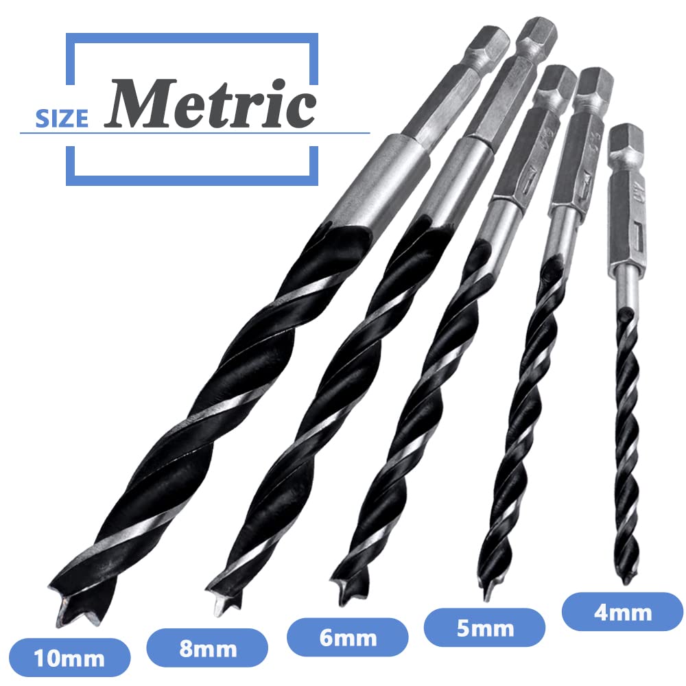 Mesee 10 Pieces HSS Brad Point Twist Drill Bits, 1/4 Inch Hex Shank Quick Change Twist Drill Bits Set for Woodworking Dowel Drilling - 4mm/ 5mm/ 6mm/ 8mm/ 10mm
