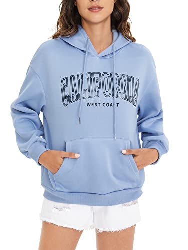 SOLY HUX Women Casual Fashion California Hoodie Los Angeles Pullover Drawstring Graphic Sweatshirt Blue L