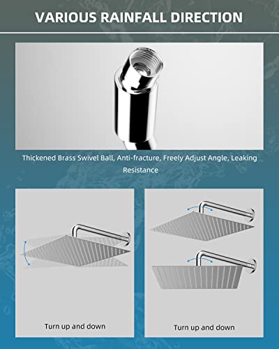 Hibbent All Metal Rain Shower Head, High Pressure 16 Inch Large Rainfall Showerhead, Stainless Steel Square Bathroom Shower Head with Adjustable Brass Ball Joint, Self-cleaning Silicon Nozzle, Chrome