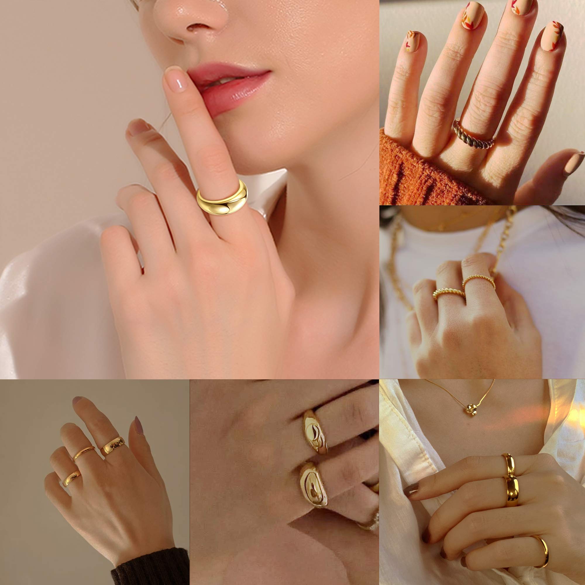 FIBO STEEL 3Pcs Chunky Gold Ring for Women Egirls 18K Gold Plated Thick Dome Rings Thin Twisted Stacking Band Rings Minimalist Statement Ring Size 6-10
