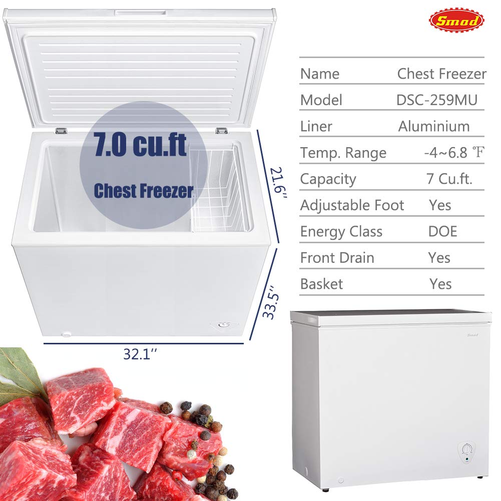 Smad Chest Freezer 7.0 Cubic Feet with Removable Basket Flip-up Lid Deep Freezer Adjustable Temperature, for Apartment Home Kitchen Grocery, White