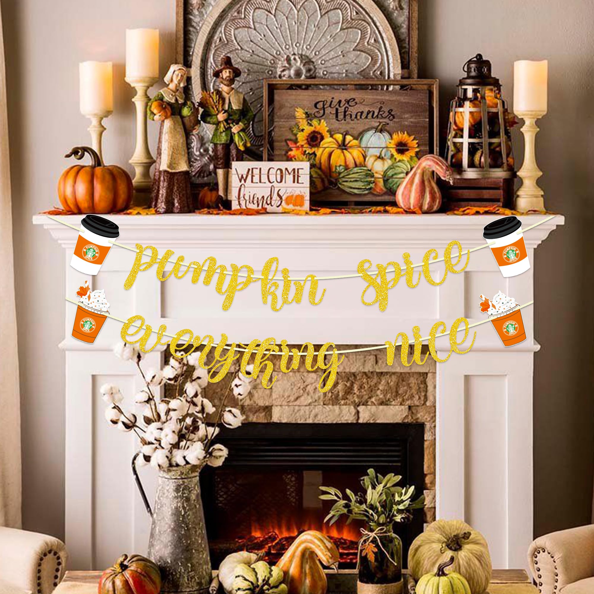 Gold Glitter Pumpkin Spice Everything Nice Banner - NO DIY - Fall Thanksgiving Party Decorations, Fall Decorations for Home Mantle Fireplace Wall, Farmhouse Fall Banner with Cups, Fall Harvest Banner