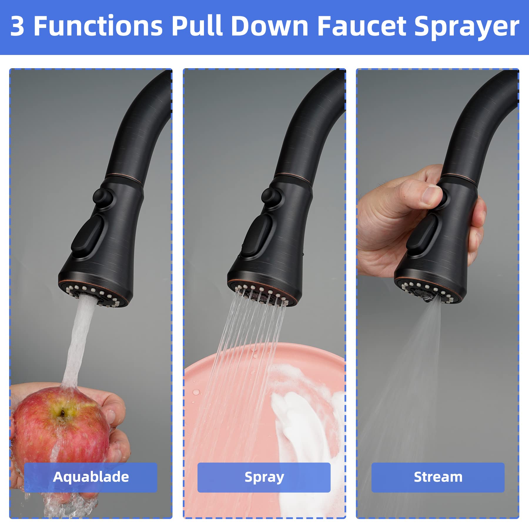 iFealClear Pull Down Kitchen Faucet Head Replacement, 3-Mode Faucet Head for Kitchen Sink, Faucet Sprayer Nozzle, 12 Adapters Compatible with Moen, American Standard, Delta Faucets, Oil Rubbed Bronze