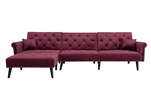 MOEO 115" Reversible Button Tufted Sectional Sofa with 2 Pillows and Chaise Lounge, L-Shaped Nailhead Decor Corner Sofá Convertible Sleeper Velvet Couch Bed for Living Room Furniture, Red