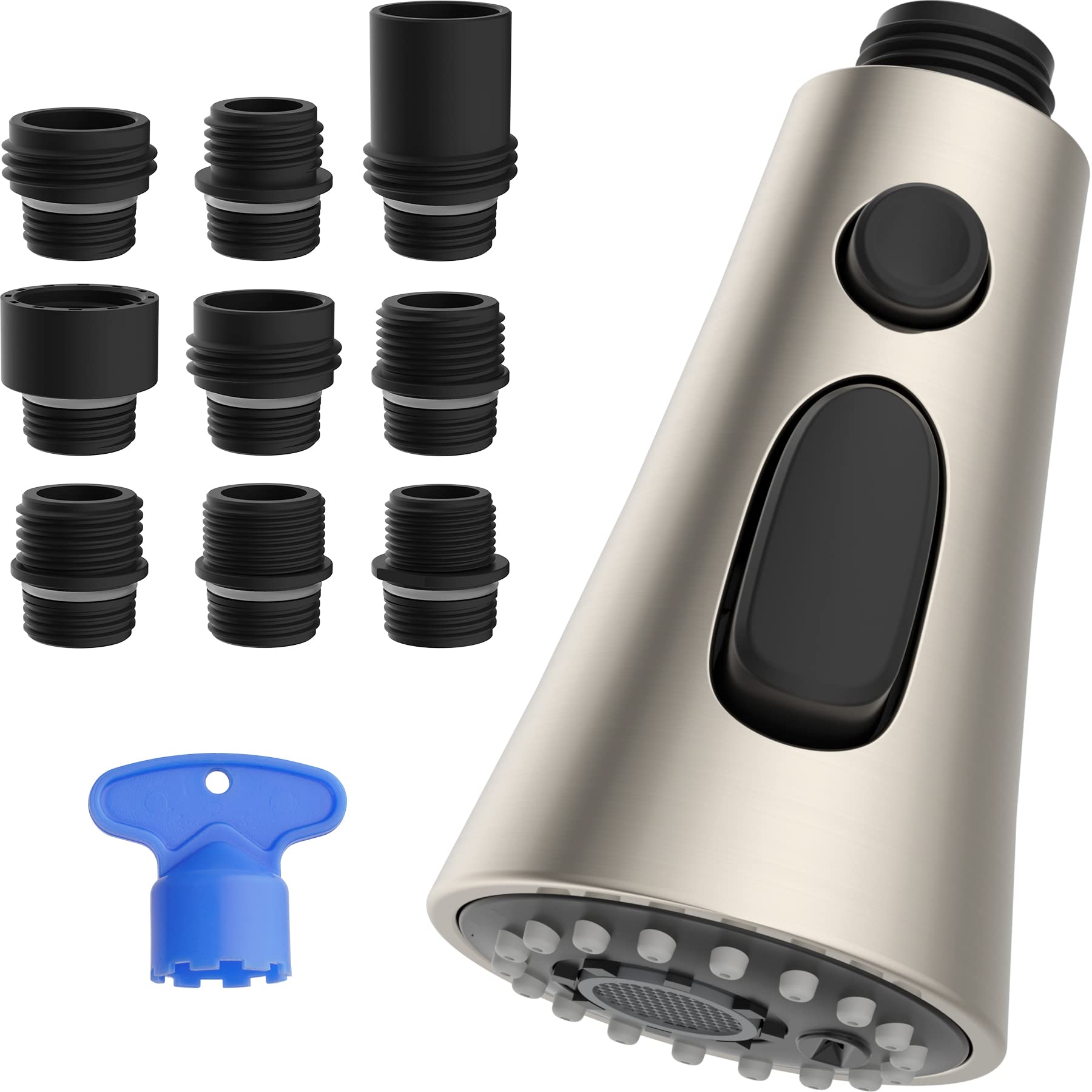 Hibbent Pull Down Kitchen Faucet Head Replacement, 3-Function Kitchen Faucet Head Sink Spray Nozzle with 9 Adapters Compatible with Moen, American Standard, Delta, Kohler Faucets, Brushed Nickel