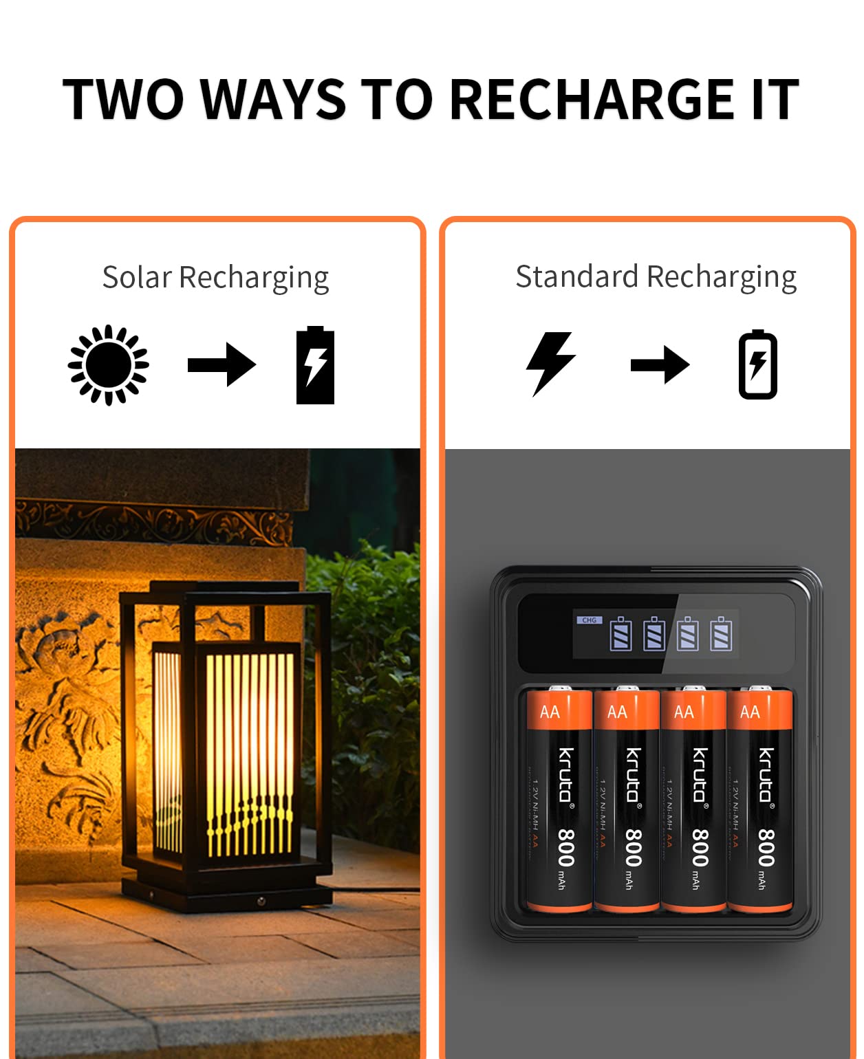 Kruta NiMH Rechargeable AA Batteries, 1.2V 800mAh Rechargeable AA Solar Batteries for Outdoor Solar Lights and Household Devices, Pre-Charged (AA Pack 8)