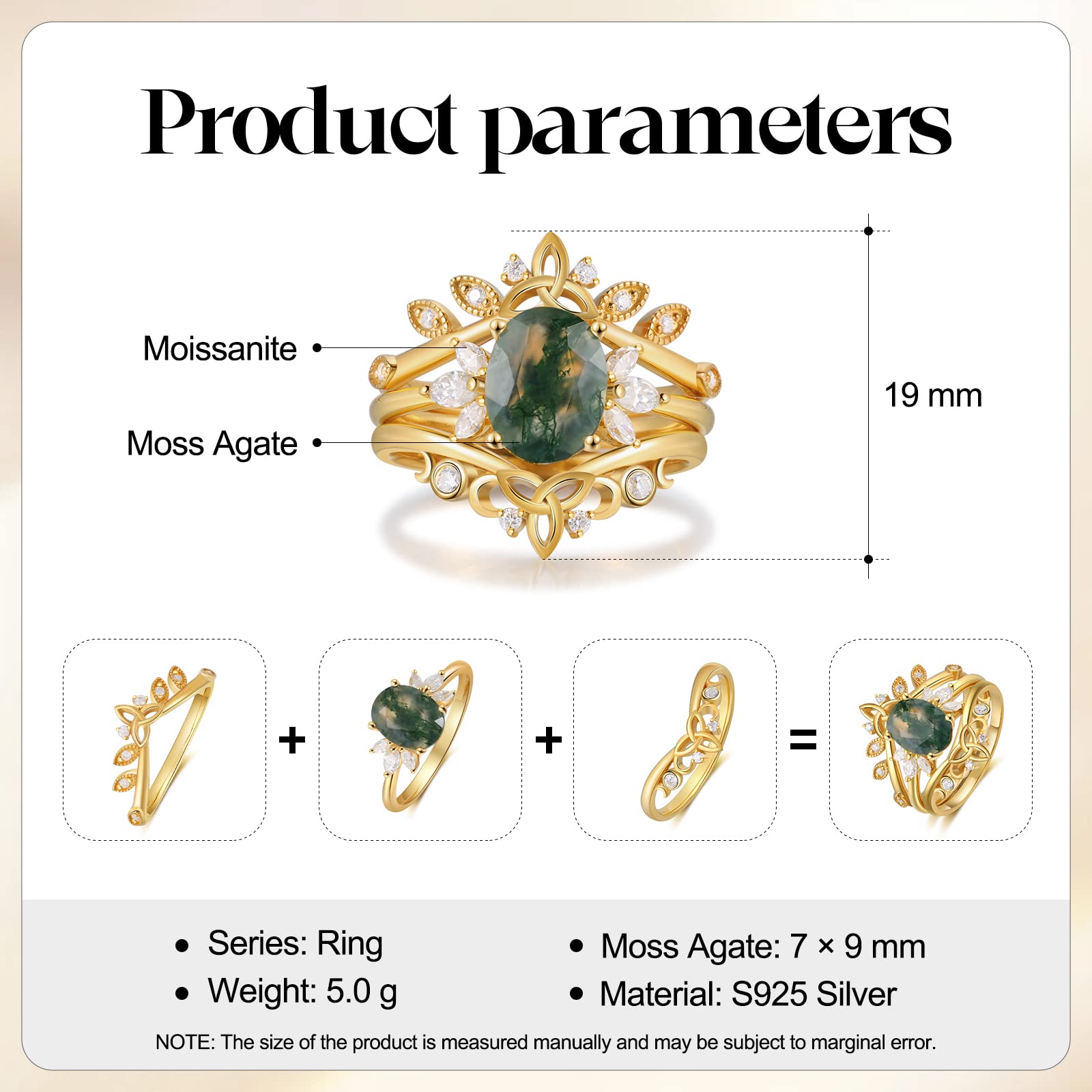 GEME Oval Moss Agate Women's Engagement Ring, 925 Silver Black Rutilated Quartz Promise Rings 18K Plated Jewelry with moissanite for Her Lady Women