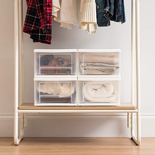 IRIS USA 7 Qt. Plastic Stackable Storage Drawers, Small, 4 Pack, Multi-Purpose Bins for Bedroom, Bathroom, Closet, Craft Room, Garage, Kids Room, Office, Pantry, Under Sink, White