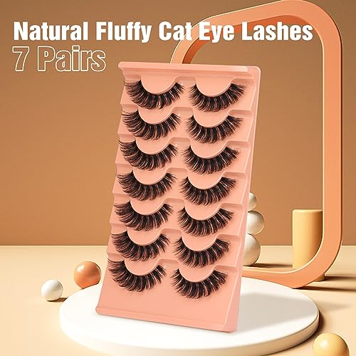Eyelashes Natural Look Clear Band Lashes D Curl Cat Eye False Lashes Volume Fake Eyelashes 7 Pairs Wispy Fluffy Faux Mink Lashes by Mavphnee