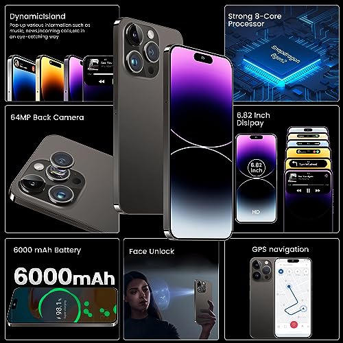 ExAchat A14 5G Unlocked Cell Phones, 6GB + 256GB, 8-Core, 6.82" HD Display Smartphone, Android 13.0, 6000 mAh,64MP + 24MP, Android Phones That Support Face/Fingerprint Recognition-Black