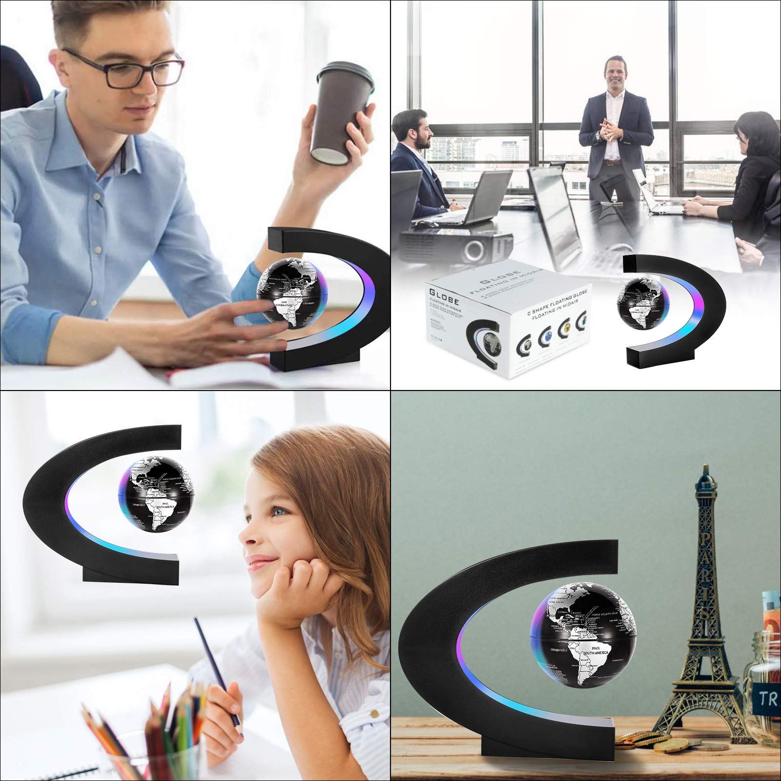 Gresus Magnetic Levitation Floating World Map Globe with C Shape Base, Floating Globe with LED Lights, Great Fathers Students Teacher Business Boyfriend Birthday Gift for Desk Decoration (Black)