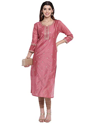 Ziya Designer Straight A-Line Embroidered Chanderi Cotton Kurti for Women (Dark Peach648, 40)