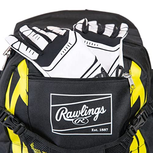Rawlings Savage Youth Baseball Bag - Kids Bat Bag β Durable Baseball Backpack β Holds Two Bats β Includes Hook to Hang on Fence - Black/Volt