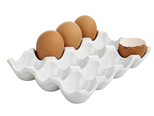 HIC Kitchen Egg Crate, Fine White Porcelain, Holds 1 Dozen Eggs