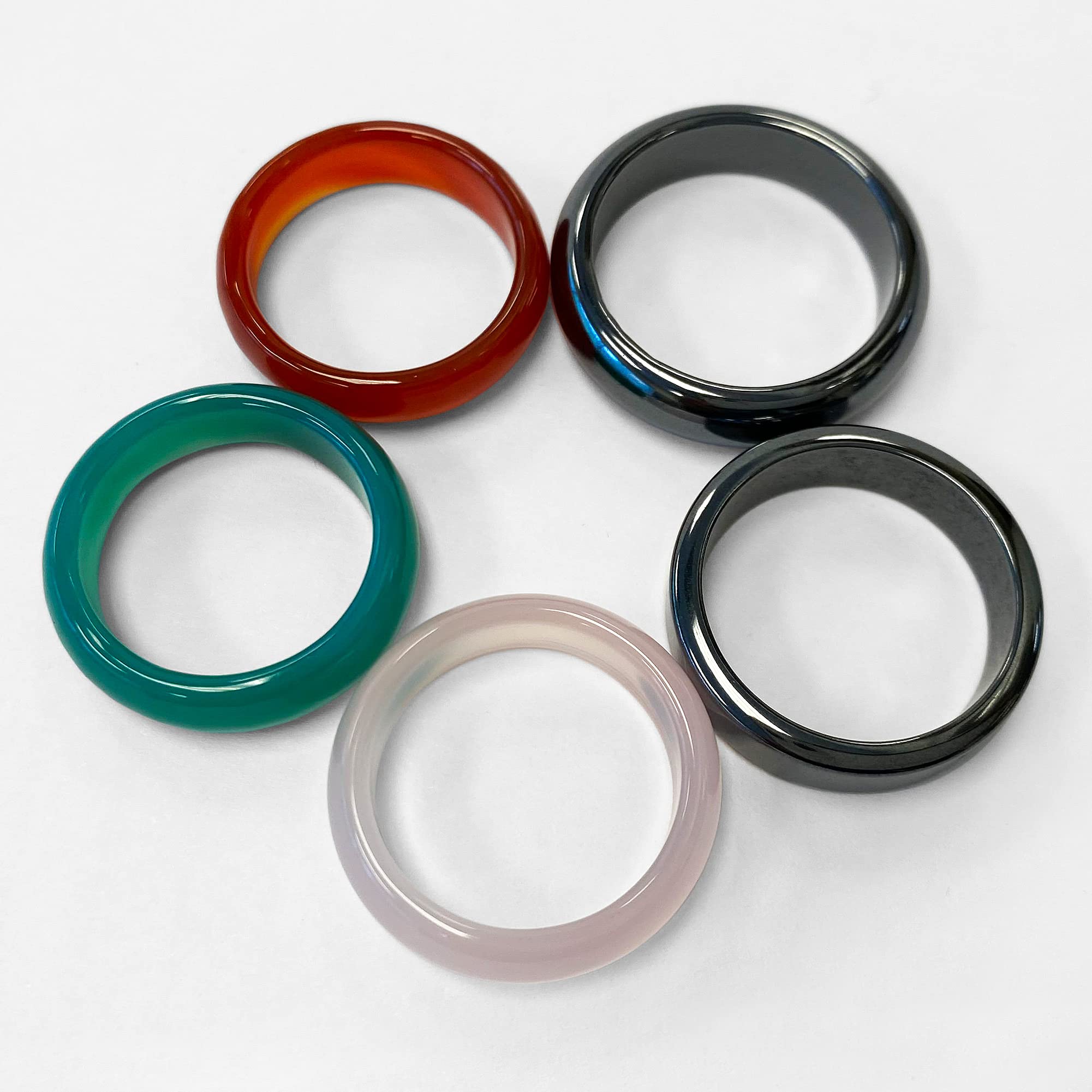 Gem Avenue Green and Light Pink Agate Hematite Carnalian Unisex Band Set Assorted Ring Sizes 6.5 to 10.5 Set of 5