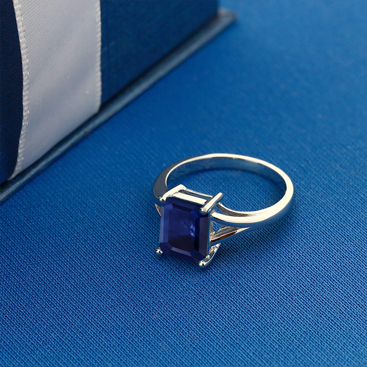 Gem Stone King 925 Sterling Silver Blue Sapphire Solitaire Engagement Ring For Women (2.45 Cttw, Emerald Cut 9X7MM, Gemstone September Birthstone, Available in Size 5,6,7,8,9)
