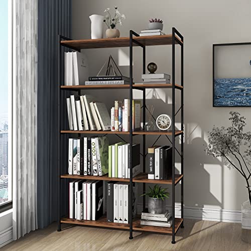 Tohomeor Bookshelf 5 Tier Deformable Corner Bookcase Free Standing Modern Industrial Book Storage Display Book Shelf for Bedroom Living Room Study Room Office (Brown)