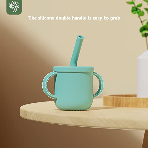 Hippywell 100% Silicone Baby Straw Cup, Baby and Toddler Training Cup with Lids and Non-Slip Handles, Silicone Training Cup with Straw, 5Oz Straw Training Cup, 6+ Months, Green
