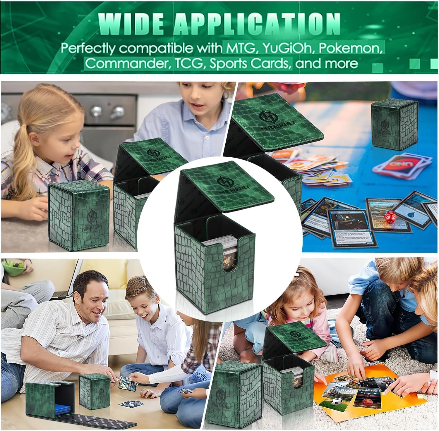 HENWEI 80 Card Capacity Artificial Leather Card Box - Unique Design with Flip, Fold & Magnetic Suction - Ideal for TCG Collectors & Gamers - Durable Organizer for Protecting & Storing Cards, Black