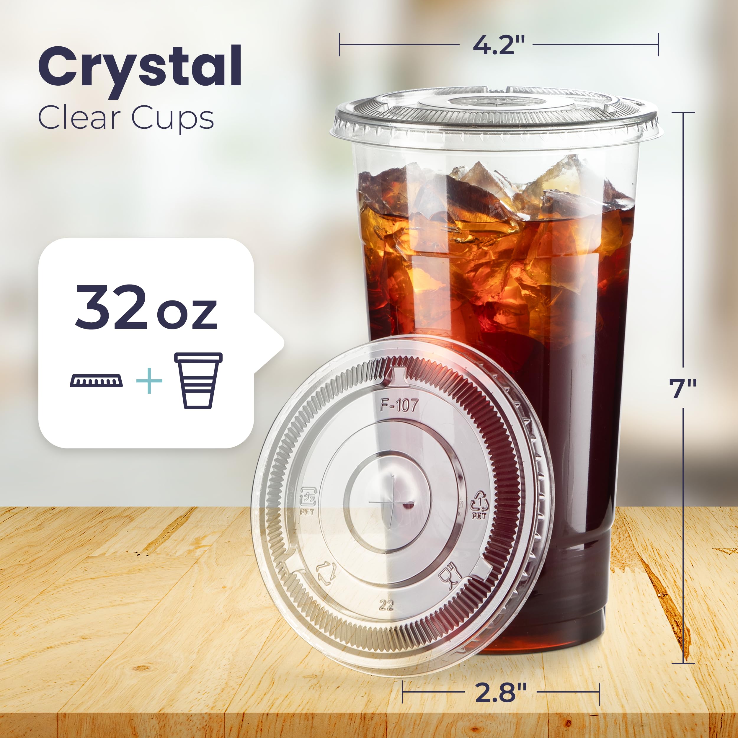 Fit Meal Prep 50 Pack 32 oz Clear Plastic Cups with Flat Lids, Disposable Iced Coffee Cups, BPA Free Premium Crystal Smoothie Cup for Party, Lemonade Stand, Cold Drinks, Juice, Milkshake