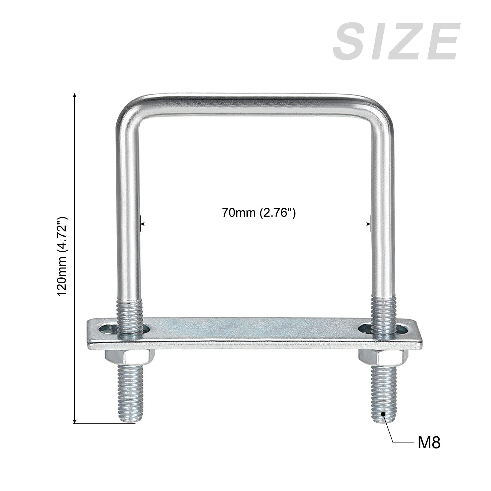 METALLIXITY U Bolts 4 Sets (M8x70x120mm), Square U Bolt Carbon Steel with Accessories - for Construction, Pipe