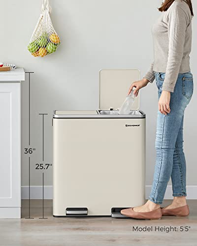 SONGMICS Trash Can, 2 x 8 Gal Garbage Can for Kitchen, with 15 Trash Bags, 2 Compartments, Plastic Inner Buckets and Hinged Lids, Airtight, Almond Color ULTB201A01