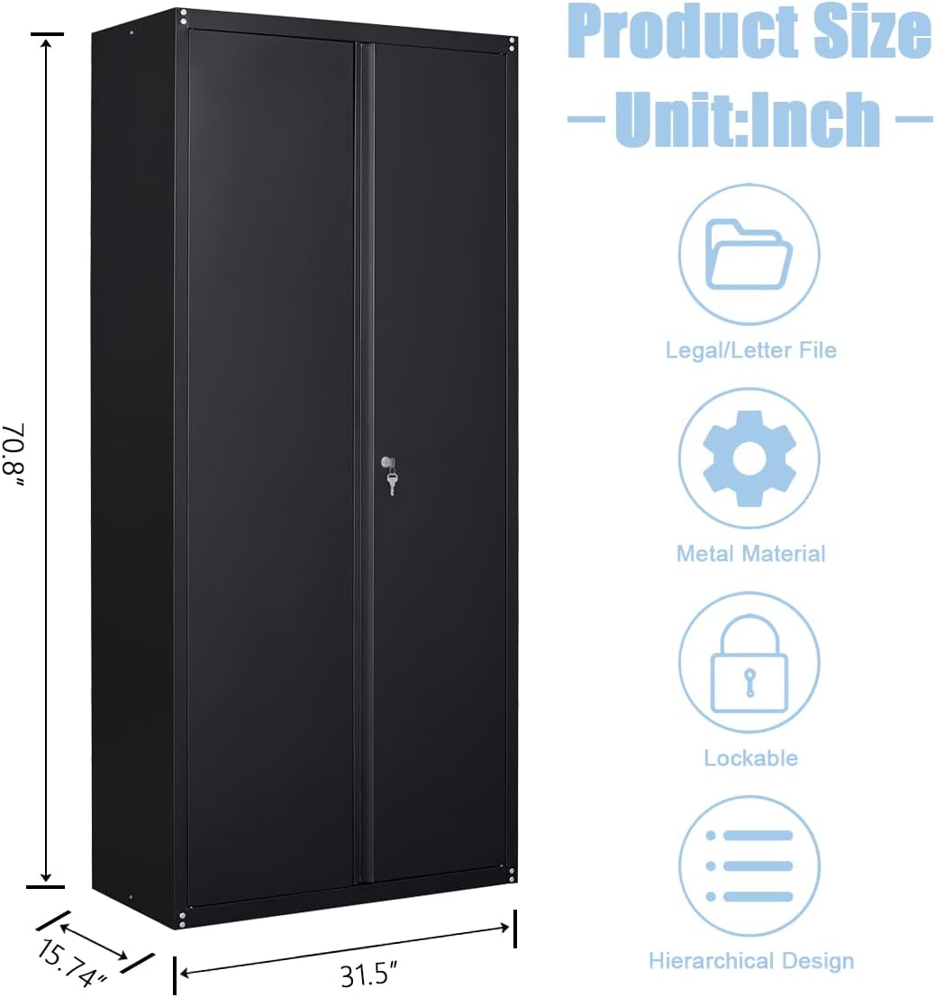 GREATMEET Metal Storage Cabinet with Locking Door and 4 Adjustable Shelves,70.8" H Lockable Steel Storage Cabinet for Home,Office,School Black