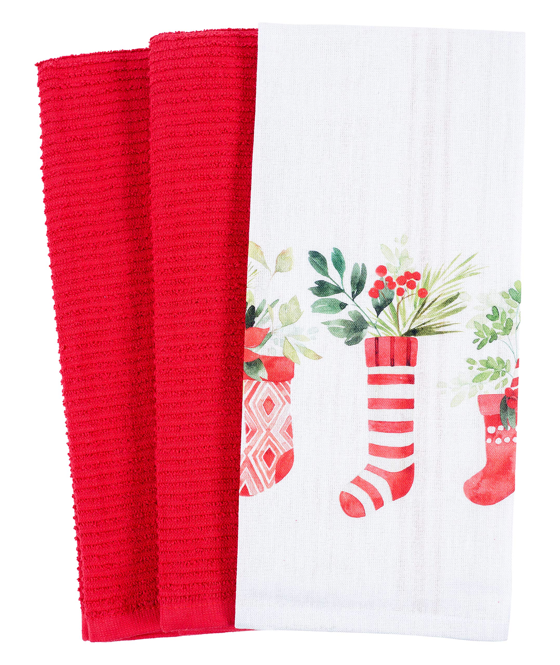 KAF Home Holiday Mixed Flat and Terry Printed Dish Towel Set of 3, 100-Percent Cotton, 18 x 28-inch (Stockings)
