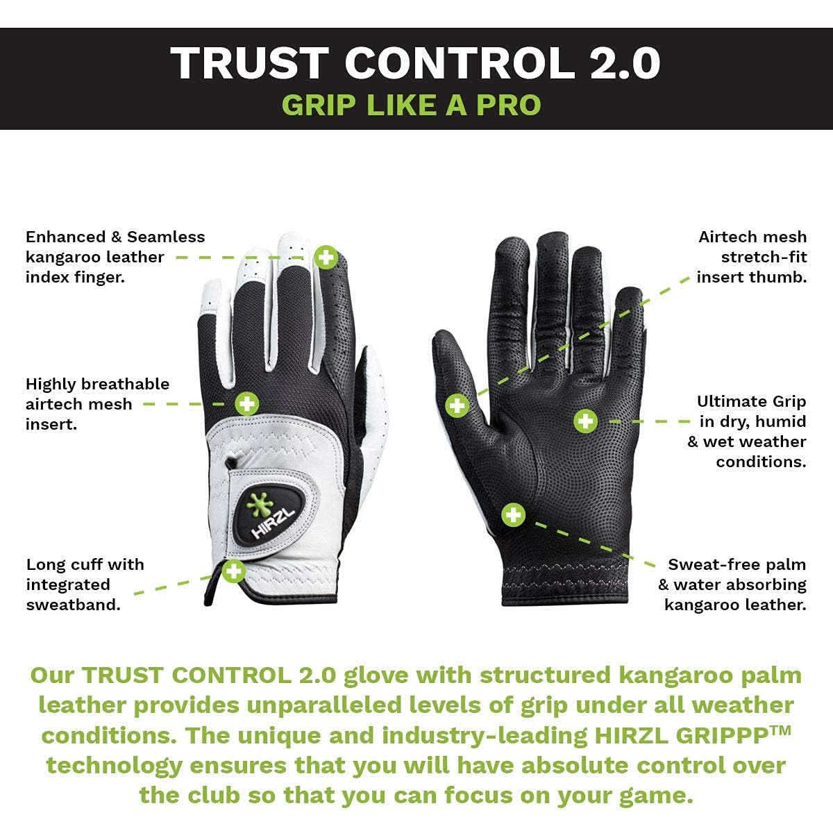 HIRZL Trust Control 2.0 Professional All Weather Ladies Leather Golf Glove Kangaroo/Cabretta, White/Black, Large, Left Hand (Pack of 10)