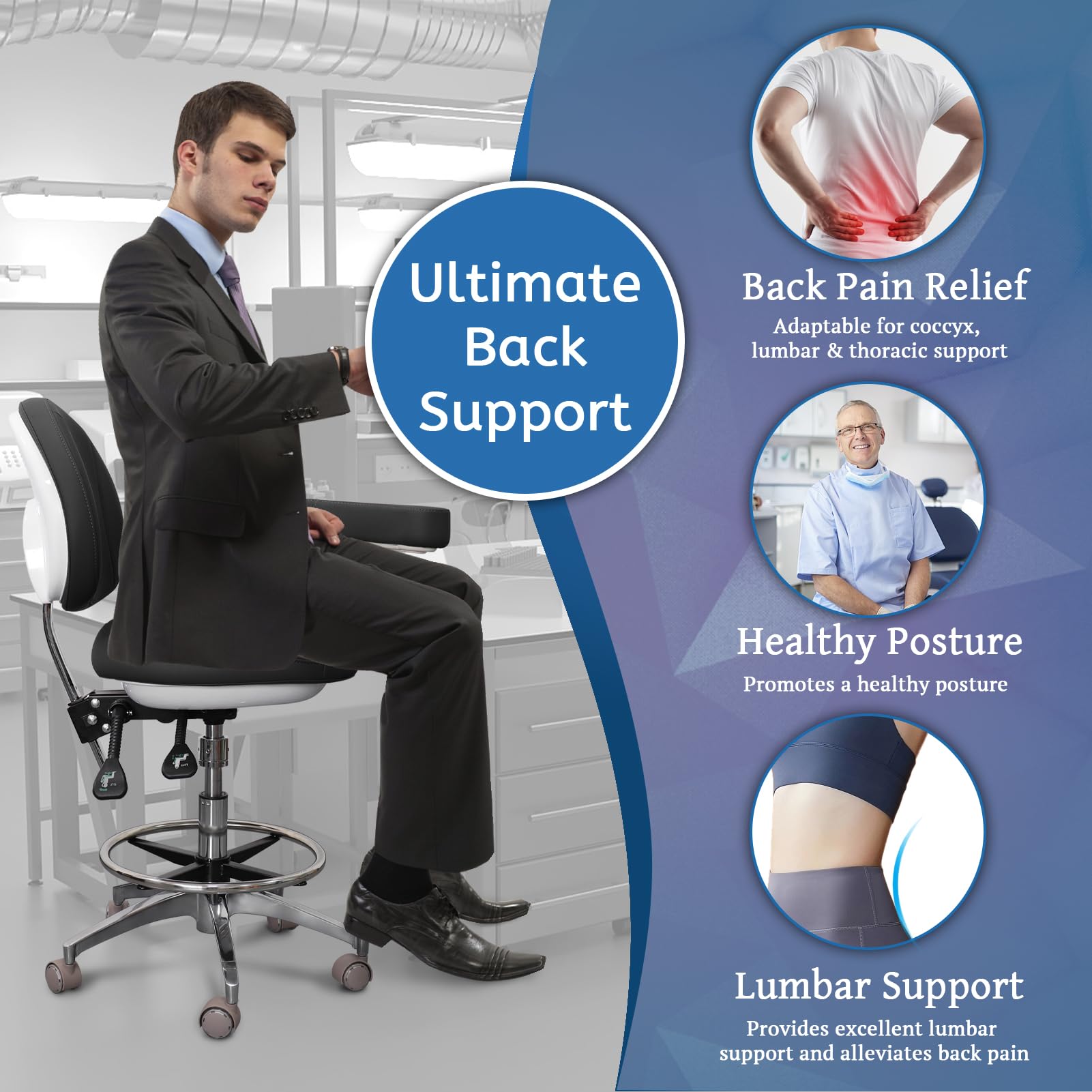 LIMKOMES Dental Assistant Chair Microfiber with Rotatable Armrest Rolling Medical Chair Ergonomic Swivel Seating Back Support Dentist Stool for Clinics, Dental Offices, Labs-Black, Standard