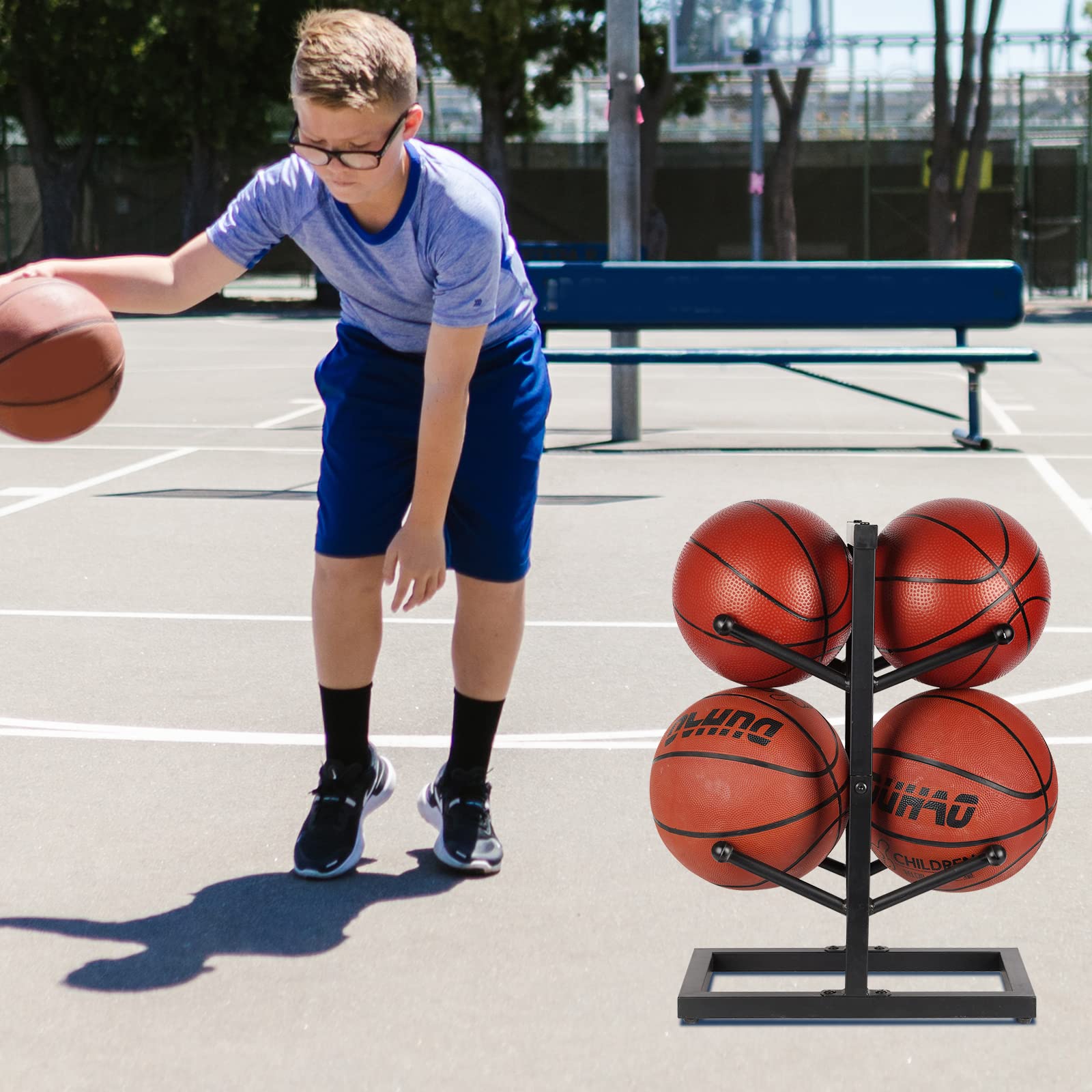 Fitlyiee Four-Layer Multipurpose Basketball Organizer Iron Ball Rack for Indoor Outdoor (Black)